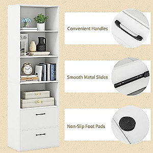 IFANNY 4 Shelf Bookcase with Drawers, Tall Bookshelves and Bookcases, Vertical Bookshelf Tower, Wood Storage Shelves, Modern Book Shelf for Bedroom, Living Room, Home Office