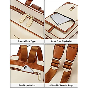 BOSTANTEN Leather Laptop Backpack for Women 15.6 inch Computer Bag Stylish College Daypack Travel Bag Off-white with Brown