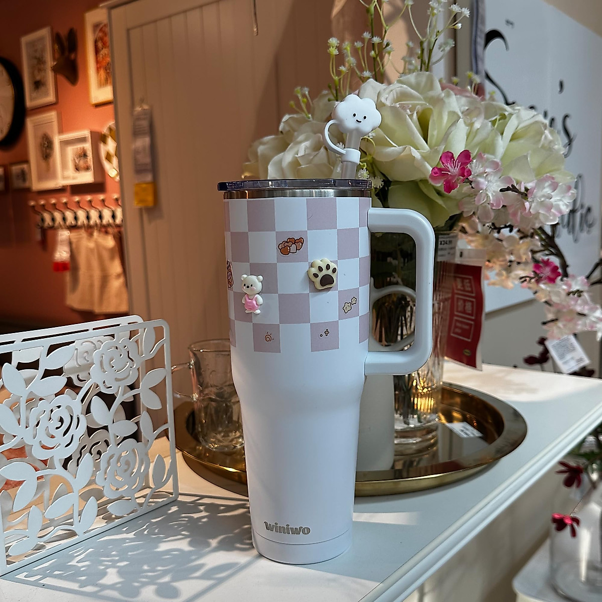 winiwo 40 oz Tumbler with Handle and Straw, D.I.Y Gift for Her, Stainless Steel Travel Mug, Iced Tea or Coffee, Insulated Tumbler with Stickers, Keeps Beverages Cold Up to 24 Hours