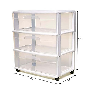 Homz Plastic 3 Clear Drawer Compact Home Rolling Storage Container Tower for Small to Medium Sized Items, White Frame (2 Pack)