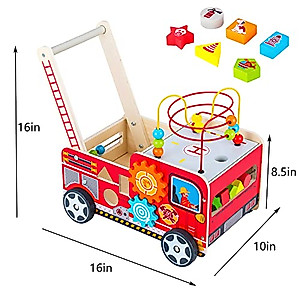 KIDS TOYLAND Wooden Baby Walker with Bead Maze for 1 Year Old and up, Wooden Push Toy for 12 Month, Wooden Cart with Blocks