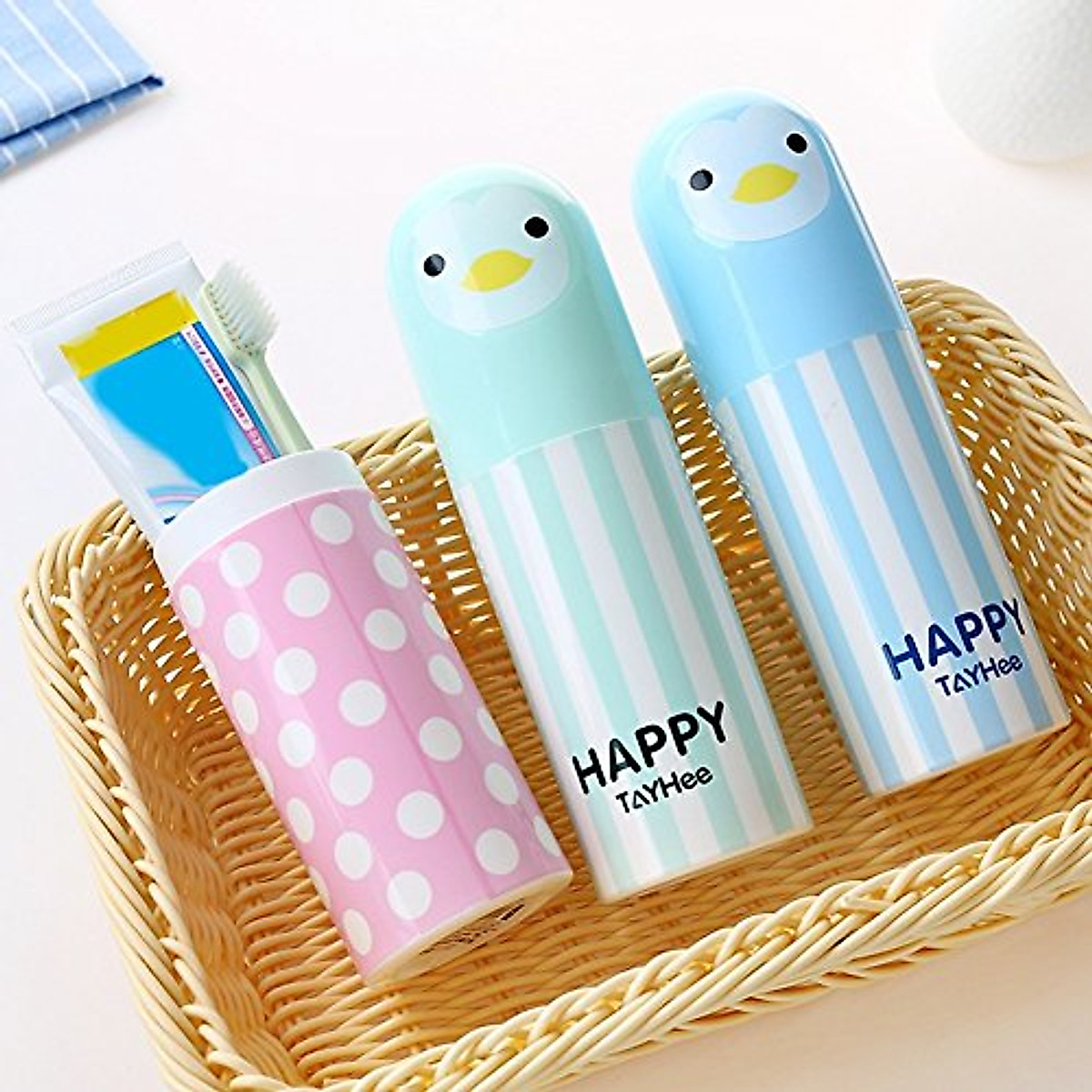 Narutosak Portable Cute Cartoon Penguin Toothbrush Toothpaste Holder Travel Storage Case - Blue