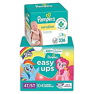 Pampers Easy Ups Pull On Training Pants My Little Pony, 4T-5T, 104 Count with Sensitive Water Based Baby Wipes 4X Pop-Top Packs (336 Count)