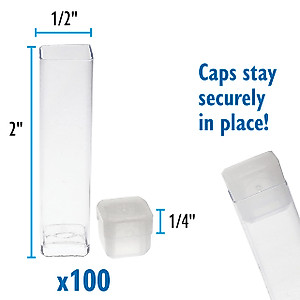 The Beadsmith Clear Plastic Tubes - 2 x .5 Inch Square Tubes - Flat Caps - Use for Beads, Bath Salts, Wedding & Party Favors, Home or Office Storage - Bag of 100