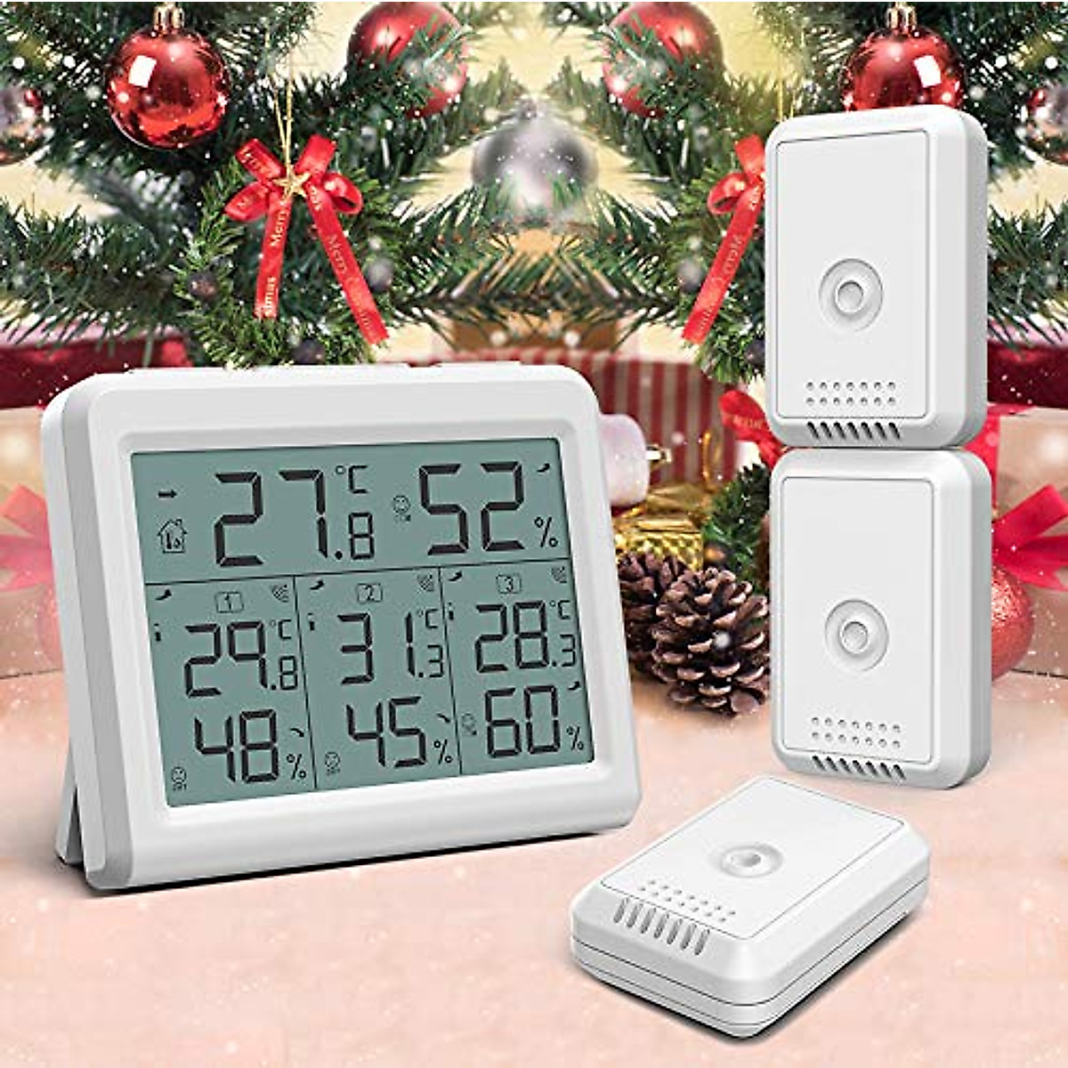 ORIA Indoor Outdoor Thermometer, Digital Hygrometer Thermometer, Wireless Temperature and Humidity Gauge Monitor with 3 Sensors, LCD Backlight for Home, Office, Bedroom, White