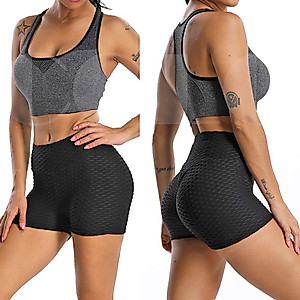 COLO Womens High Waisted Shorts Workout Yoga Tummy Control Ruched Butt Fitness Shorts Sport Workout Running Shorts Bottom Peach Black(M)