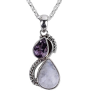 NOVICA Artisan Handcrafted Amethyst Rainbow Moonstone Pendant Necklace | Sterling Silver Teardrop Pendant Necklace | Silver with Faceted Sterling Clear Purple from India Two Teardrop Necklace