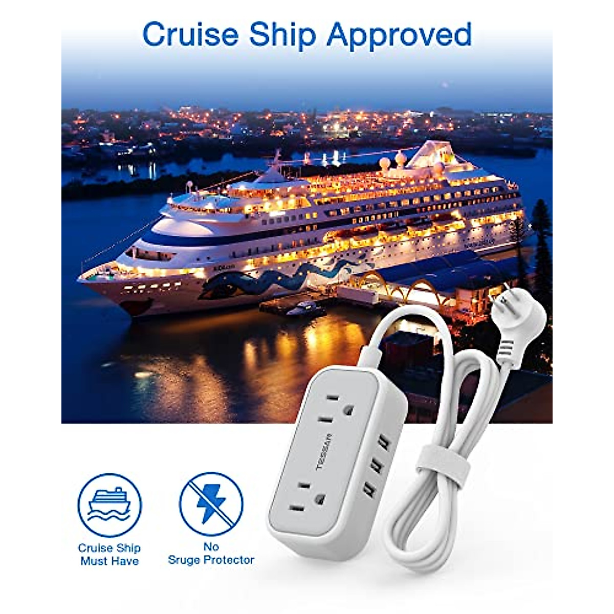 Mini Power Strip with 3 USB Ports, TESSAN 2 Outlet Portable Flat Plug Strip with 5 Ft Small Extension Cord, No Surge Protector for Cruise Ship Essentials Travel