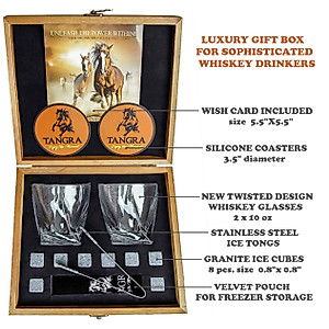 Whiskey Stones Luxury Gift Set of 8 Granite Ice Cubes Reusable Chilling Rocks + 2 Large Size Scotch Glasses in Wooden Box. Cool Whiskey Gift Sets for Man Dad Father Groomsmen