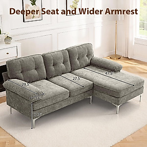 YuuYee 82" Chenille L Shaped Sectional Couches for Living Room, 3 Seater Comfy Modular Sofa with Chaise for Small Spaces,Mid Century Modern,Deep Seat,Grey