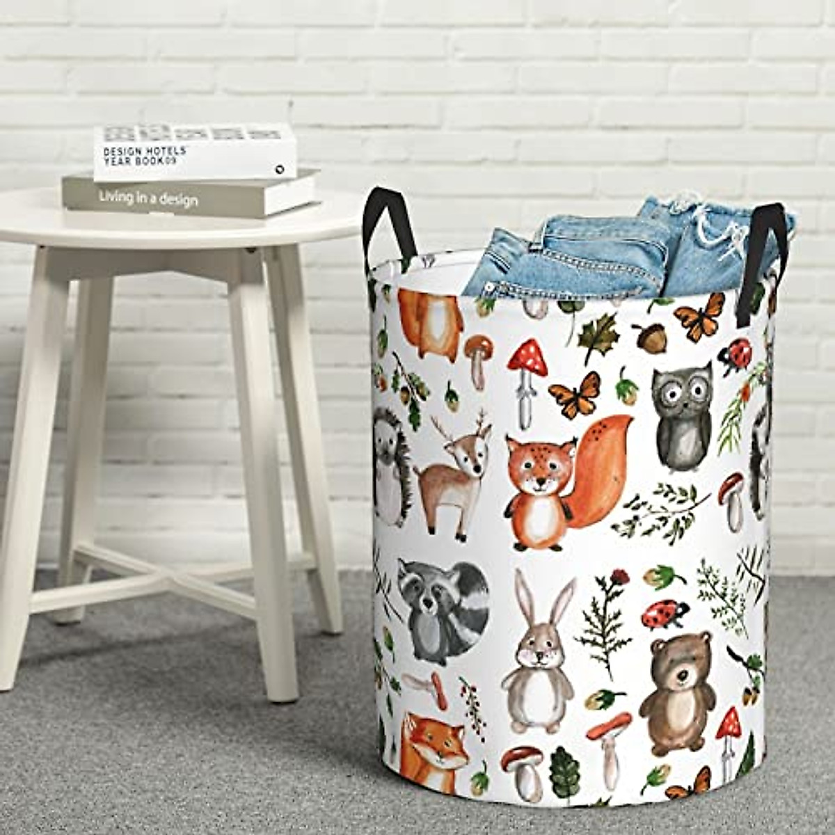 Woodland Animals Watercolor Bear Deer Squirrel Owl Mushroom Laundry Hamper With Handle Foldable Durable Laundry Basket Storage Bin Dirty Clothes Organizer Bag For Bedroom Bathroom Nursery