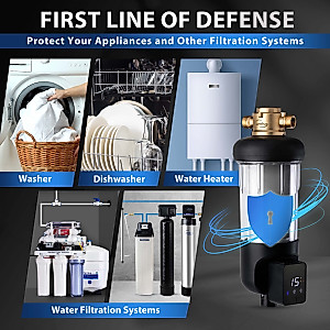 iSpring WSP500ARJ Spin-Down Sediment Water Filter, Upgraded Jumbo Size, Large Capacity, Reusable with Touch-Screen Auto Flushing Module, Brass Top Clear Housing, 500 Microns