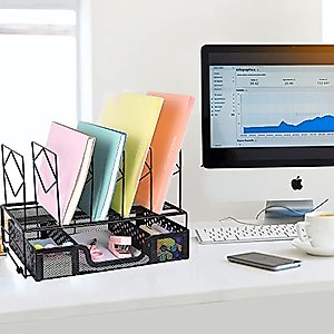 Spacrea Desk Organizers and Accessories, File Folder Holders Desktop Organization with 5 Upright Sections & Drawer, Great for Workspace College Dorm Home Office（Black）