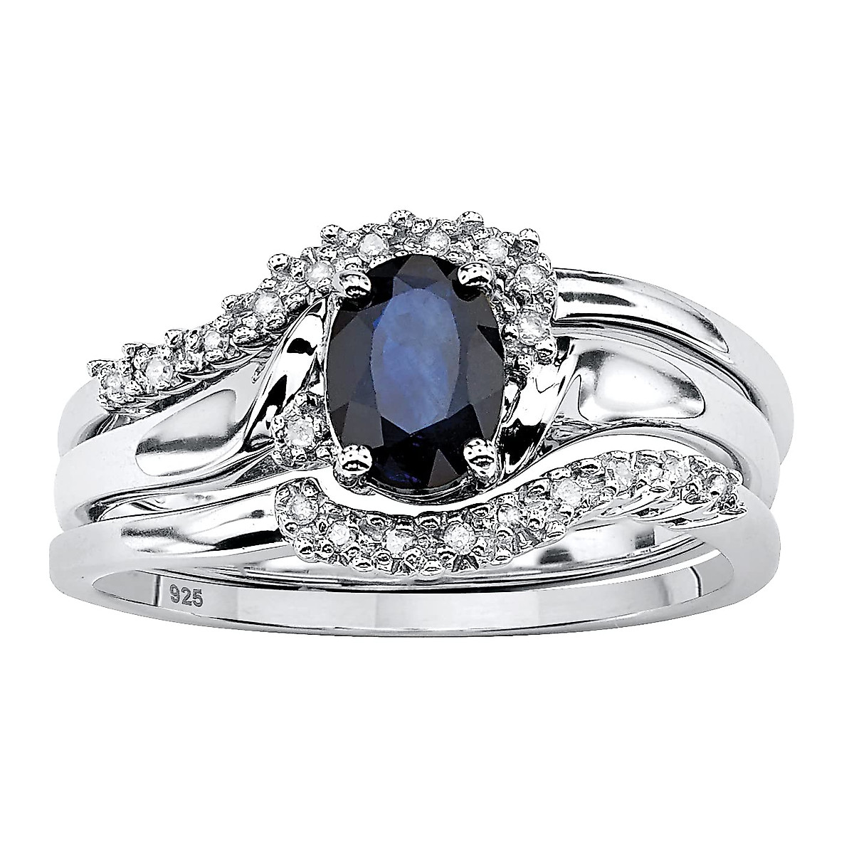PalmBeach Platinum-Plated or Yellow Gold-Plated Sterling Silver Genuine Midnight Blue Sapphire and Diamond Accent 3 Piece Bridal Ring Set Size 5
