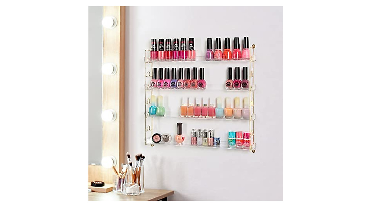 Stylish 4-Tier Gold Nail Polish Organizer Wall Mount | Keeps 56 Bottles