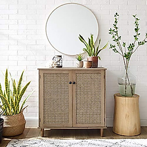 Volans Set of 2 Accent Storage Cabinet with Woven Rattan Wicker Doors, Sideboard Buffet Cabinet for Entryway, Hallway or Living Room, Rubber Wood Veneer