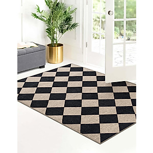 Lahome Checkered Easy Jute Area Rug, 3x5 Outdoor Patio Rug Washable Rugs for Entryway Diamond Indoor Outdoor Living Room Rugs, Farmhouse Neutral Non Slip Black Carpet for Backyard Bedroom