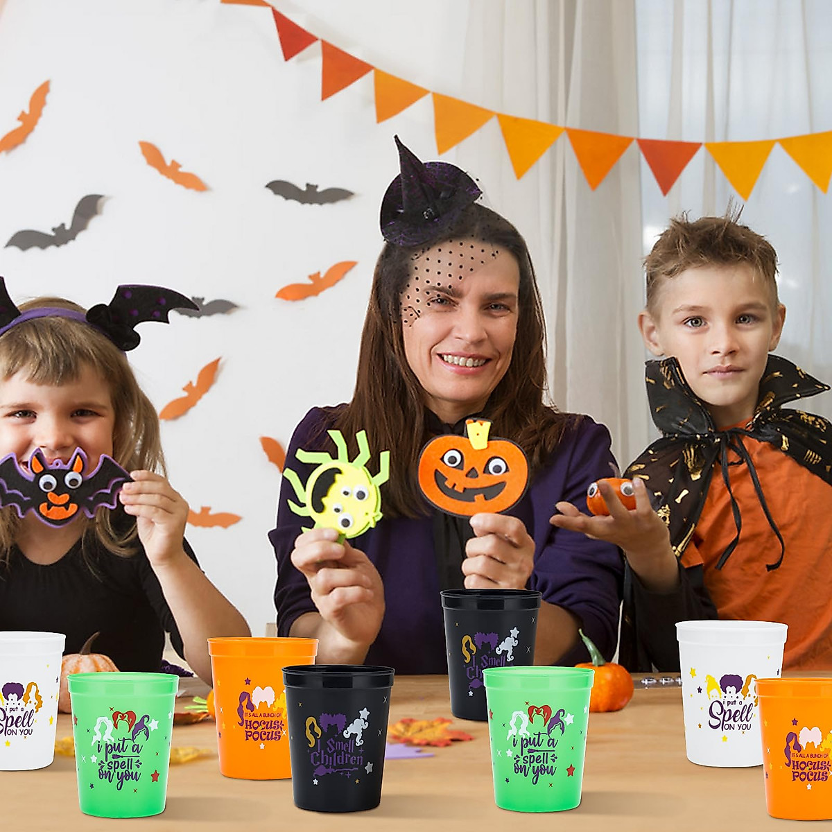 Ainibar Halloween Party Cups - Set of 20 Orange,White,Black and Green 16oz Stadium Cups,Perfect for Hocus Pocus Halloween Party Supplies, I Smell Children Holiday Witches Halloween Party