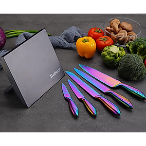 Rainbow Knives Block Set 6 Pieces, Iridescent German High Carbon Stainless Steel Kitchen Knives Pack with Magnetic Knife Display Rack