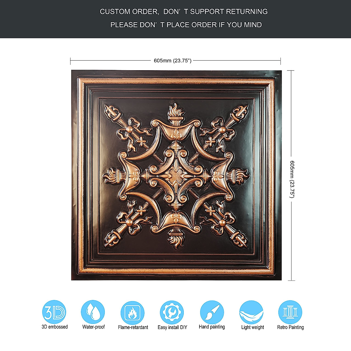 PAINTSDECOR PVC Tin Ceiling Tiles 3D Stereo Embossed Panel Antique Suspended Ceiling Board for Cafe Club Salon 2'x2' PL07 Traditional Copper 10pcs/lot