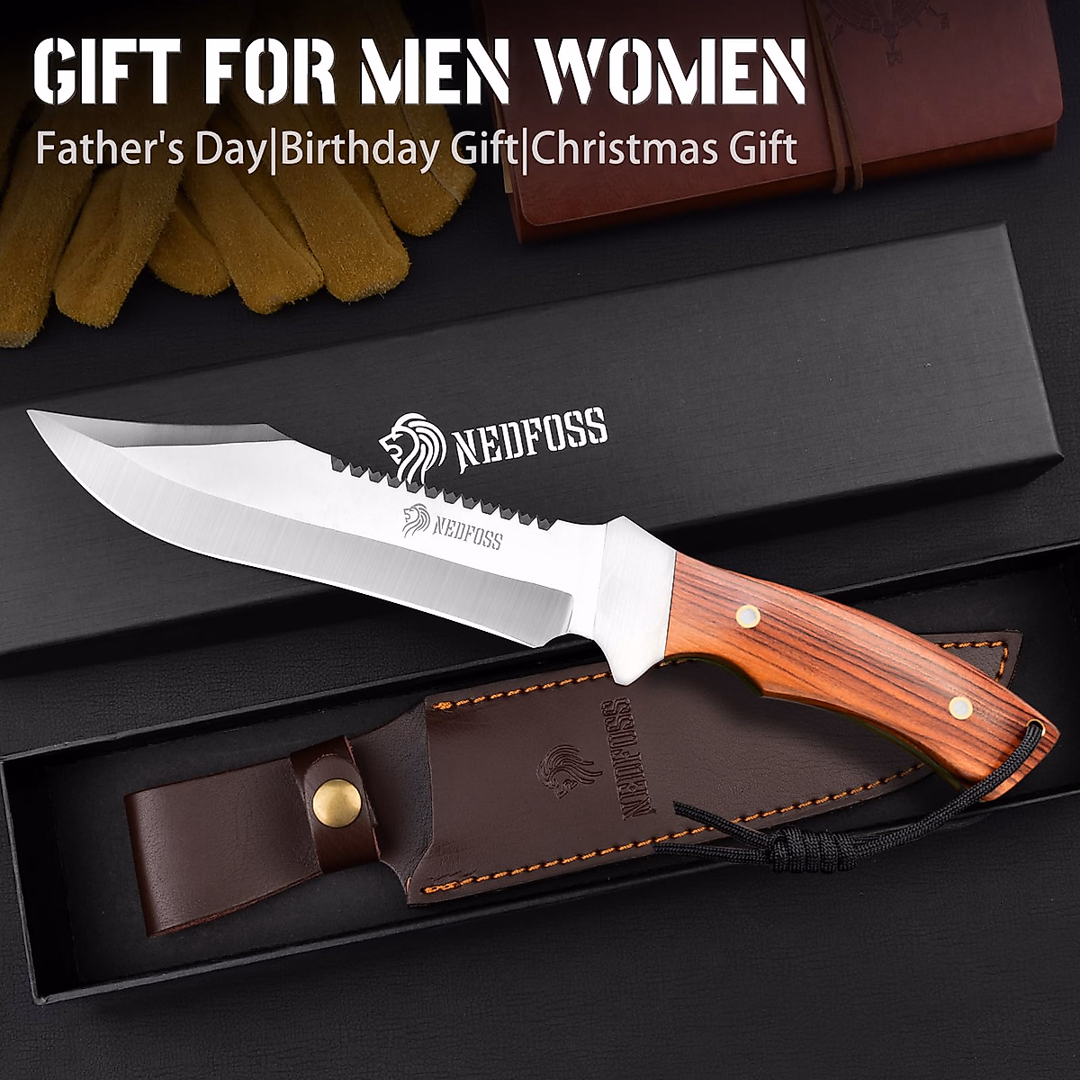 NedFoss JUNGLE KING Hunting Knife with Sheath, 13" Full Tang Knife Fixed Blade Camping Knife, 7" Large Blade Bushcraft Knife Survival Knife with Rosewood Handle, Outdoor Gifts for Men Women