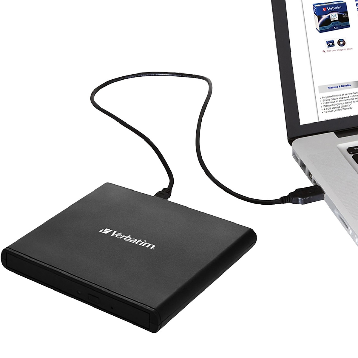 Verbatim Slimline CD / DVD Drive - External USB 2.0 CD DVD +/-RW Burner for Laptops and Notebooks with M-DISC Support - Mac & PC Compatible - Nero Burn & Archive Software Included - Black