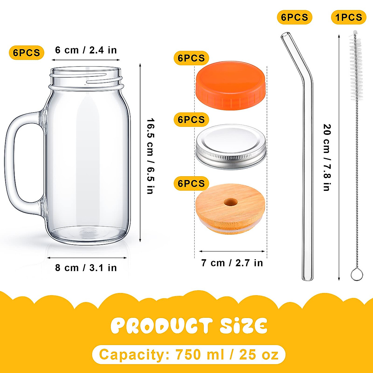 6 Pack 25oz Glass Cups with Lids and Straws Drinking Glasses with Straws Brush and Bamboo Lids Plastic Lids Metal Lids Glass Jar Mugs Glass Tumbler Cups for Cold Coffee Juice and Food Storage