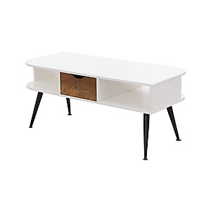 White Coffee Table, Mid Century Modern Coffee Table with Storage, Farmhouse Coffee Table, Living Room Tables, Center Table Coffee Table with Storage Shelf, 44.09" L x 20.08" W x 19.69" H