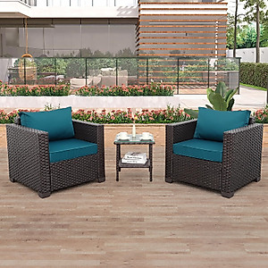 Patio Furniture 3 Piece Patio Set Patio Conversation Sets Outdoor Chairs and Glass Side Table Balcony Furniture with Non-Slip Cushions and Waterproof Covers, Peacock Blue