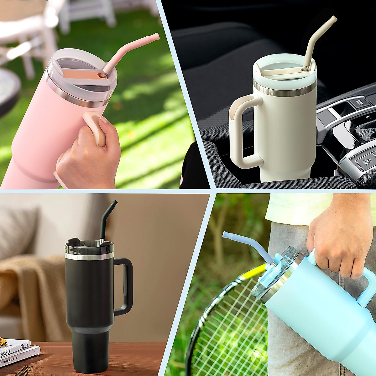 Prurex Metal Straws with Silicone Tip for 40 oz Tumbler, Reusable Stainless Steel Straws for Stanley 40 oz Tumbler，3 Straight 13.3" and 3 Pink Dusk Silicone StrawTips，Smoothie Straws