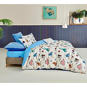 archers Kids Duvet Cover Set – Full, 4 pcs Include Reversible Duvet Cover, Fitted Sheet, 2 Pillowcases | 100% Cotton |Playful, Fun and Cozy Sheet Set | Dinosaur Print