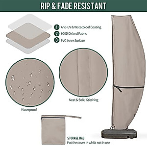 Rachmi Patio Offset Umbrella Cover with Zipper & Rod, Heavy Duty 600D Water-Resistant UV Resistant Banana Cover Fits Round/Square Outdoor Garden Beach Cantilever Parasol 7.5-11.5 Feet, Khaki