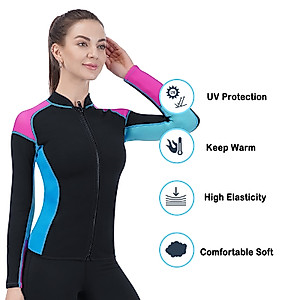 TBLUITE Women Wetsuit Top Swim Jacket Mens Youth Wet Suit Shirt 2mm Neoprene Thermal Swimsuit Front Zip Long Sleeve Cold Water Keep Warm Snorkeling Diving Surfing