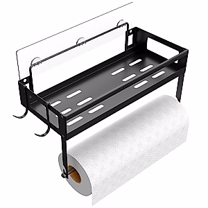 ESOW Paper Towel Holder Wall Mounted for Kitchen 13 in, Paper Towel Roll Rack with Storage Shelf Space, Both Available in Adhesive and Screws, SUS304 Stainless Steel (Matte Black)