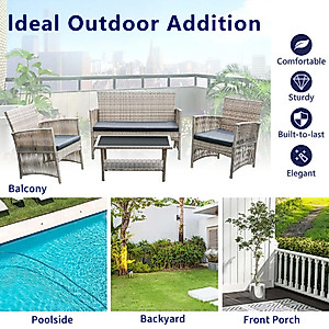 FULLJOJOR 4 Piece Patio Furniture Set, Rattan Chairs with Coffee Table, Wicker Loveseat Outdoor Furniture, Small Patio Conversation Sets for Balcony Porch Garden Pool, Beige/Gray