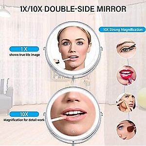 AMZTOLIFE 8" Lighted Makeup Mirror, 10X Makeup Mirror with Lights, Double Sided Dimmable Magnifying Mirror with Light, Rechargeable and Brightness Adjustable, Cordless Vanity Mirror with Lights