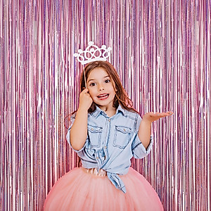 RUBFAC Pink Tinsel Backdrop for Pink Party Decorations, Pink Foil Fringe Curtain, 6.4x8 Feet, Pack of 2, Pink Streamers Decorations for Princess Birthday Bachelorette Wedding