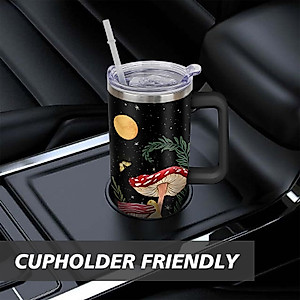 thmasamwr Mushroom Tumbler with Lid and Straw, Stainless Steel Mushroom 40oz Tumbler with Handle, Black Mushroom Travel Coffee Mug Mushroom Gifts Cups for Women and Men