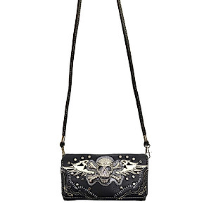 Justin West Purple Rhinestone Skull Embroidery Floral Design Wristlet Trifold Wallet Attachable Long Strap (Space Black)