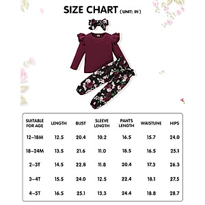 YALLET 3Pcs Toddler Girl Clothes,Solid Color Long Sleeves Ruffle Top+ Floral Pant +Floral Headband