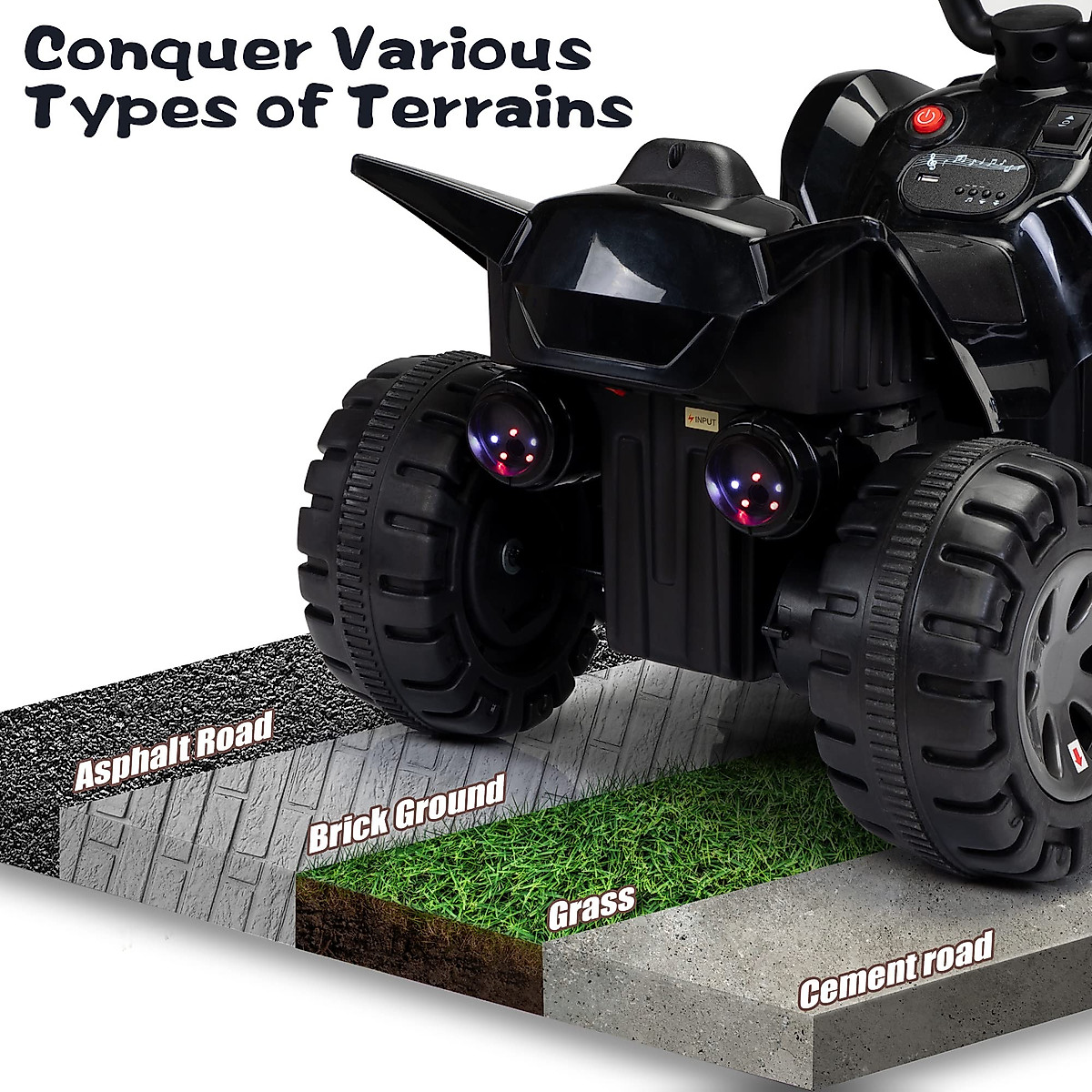 TOBBI Electric Ride On ATV for Kids, Toddlers 6V Battery Powered Ride On Toy with LED Lights Mist Spray Device, 4 Wheeled Electric Car with Radio & Music for Children Aged 1-3-Black