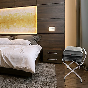 Therwen 4 Pack Steel Folding Foldable Luggage Rack with Back Suitcase Stand Shelf with Support Bar Folding Metal Suitcase Stand with Belts for Bedroom Hotel Guest Room, Chrome Silver