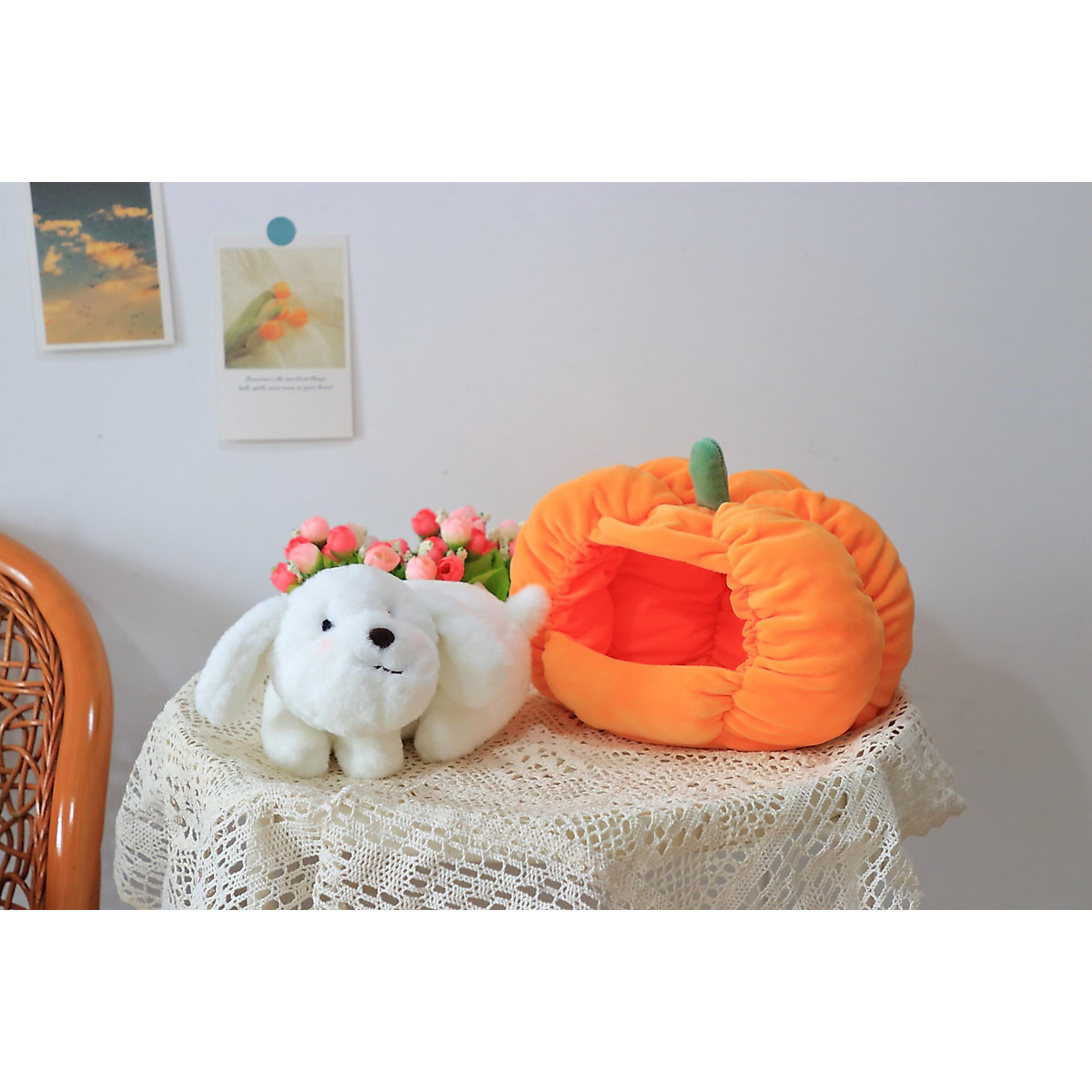 Hopearl Halloween Puppy Pumpkin Cave Sufffed Animal 2 in 1 Playset Pet with Pumpkin House Plush Toy Pillow with Separable Dog Gift for Kids, 9.5''