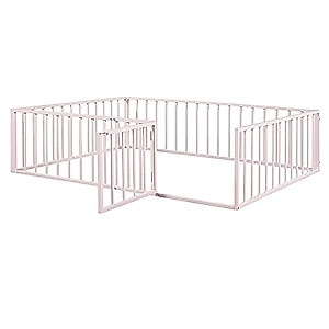 DNYN Queen Size Metal Floor Bed Frame with Door for Kids Bedroom,Metal Struture Bedframe w/Fence,No Box Spring Needed,82.5"x 62"x 21.7"H, Pink
