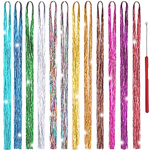 Hair Tinsel Kit 12 Colors, 2500 Strands 48 Inches Sparkling Tinsel Hair Extensions with Tool, Fairy Hair Tinsel for Birthday Halloween Christmas New Year Party