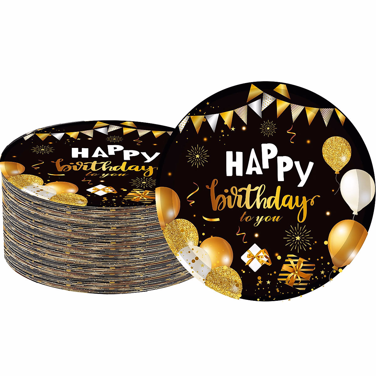 GOGUOGOFA 50 Pcs Black and Gold Birthday Party Supplies,Happy Birthday Party Plates 7" Black and Gold Plates,Cheer Birthday Plates,for 30th 40th 50th 60th 70th 80th Anniversary Birthday Party Decor