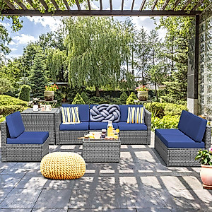 Tangkula 8 PCS Outdoor Patio Furniture Set, Rattan Wicker Sofa Set, Sectional Sofa Couch Conversation Set w/Storage Table and 12 Zippered Cushions for Garden Backyard Poolside (Navy)
