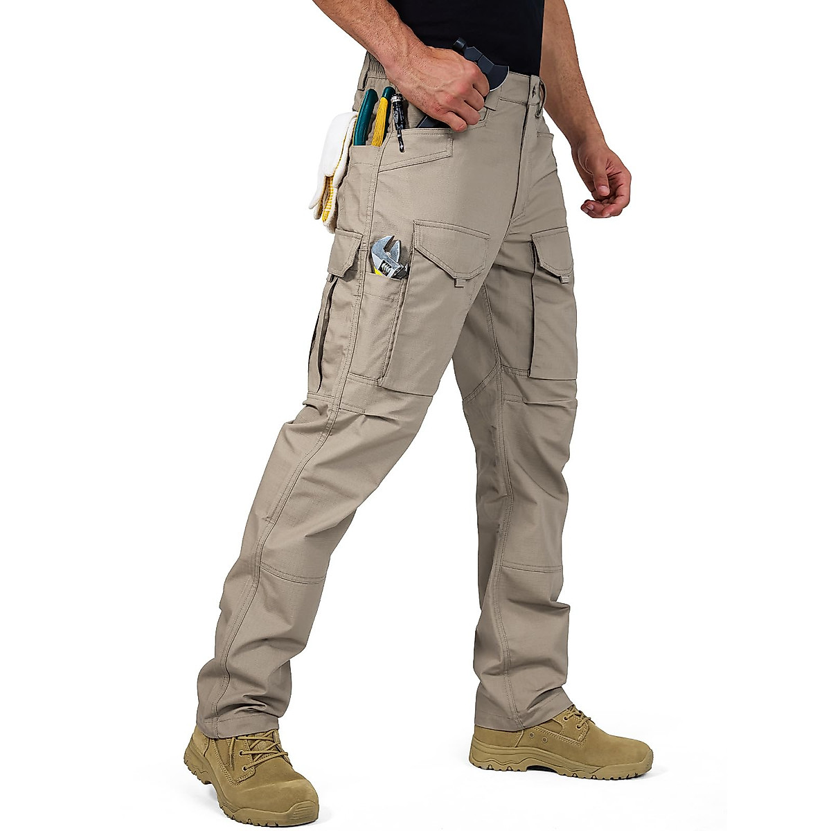 FREE SOLDIER Men's Cargo Pants,Tactical Pants for Men Stretch,Durable Ripstop EDC Work Pants for Hiking (Khaki 34Wx32L)