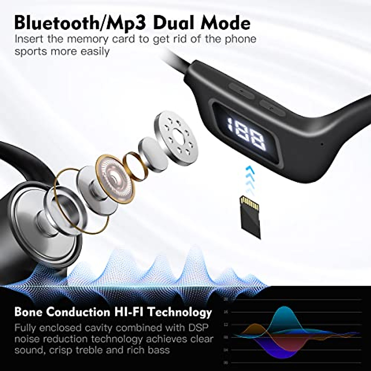 ATMPC Bone Conduction Headphones, Open Ear Headphones Wireless Bluetooth with Mic, Sports Earphones with LED Power Display, Up to 8 Hours Playtime, Waterproof Earphones for Running Workouts MP3 Player