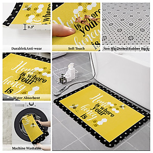2 Pieces Kitchen Rugs Set Idyllic Bumble Bee Daisy Flower Yellow Back,Water Absorbent Soft Doormat Area Runners Summer Farm Honeybee Floral,Non-Slip Bath Mat for Entryway Bathroom Laundry